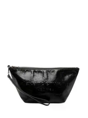 Alexander Wang 2024 Crackled Patent Punch Wristlet Zip Pouch Clutch Bag - Black