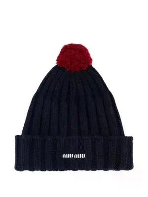 Miu Miu Pom-pom Ribbed Beanie Hat - Blue