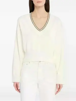 Brunello Cucinelli Striped-trim V-neck Sweater - Neutrals