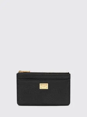 Dolce & Gabbana Flat Card Holder In Grained Calfskin With Logo - Black