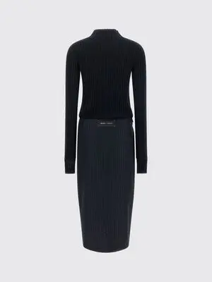 Pinko Pinstriped Knit Midi Dress With High Neck And Ruched Waist