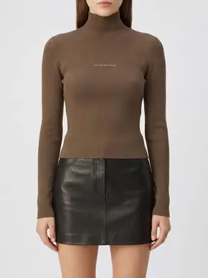 Alexander Wang Ribbed Jersey Long-sleeve Turtleneck Top With Logo - Beige
