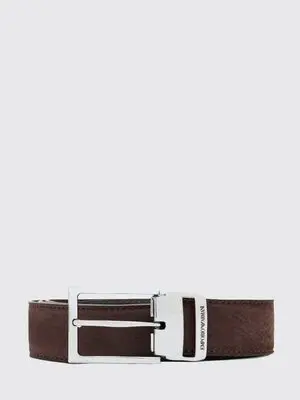Emporio Armani Nubuck Leather Belt With Metal Buckle And Lettering Logo Coffee
