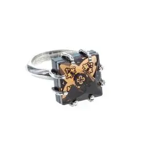 GEM KINGDOM Amber Floral Pattern Ring - Orange/silver
