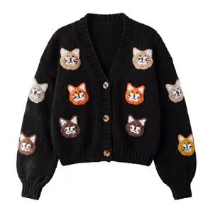 ANA CHIC Cat Motif Handmade Knitted Cardigan - Black