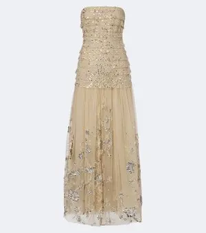 GEORGES HOBEIKA Sequined Tiered Tulle Bustier Gown - Beige