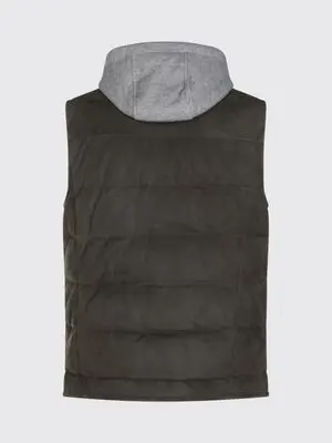 Eleventy Quilted Suede Leather Padded Vest With Hood - Grey