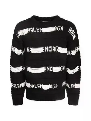 Balenciaga Logo-intarsia Distressed-effect Sweater - Black