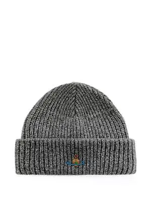 VIVIENNE WESTWOOD Sporty Orb-embroidered Ribbed Beanie Hat - Grey