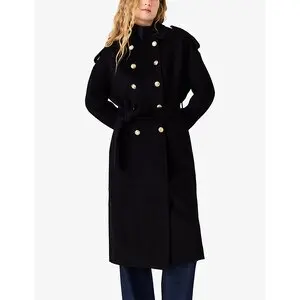 Maje Long Belted-waist Wool-blend Coat