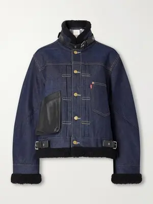 Sacai Plush And Leather-trimmed Denim Jacket