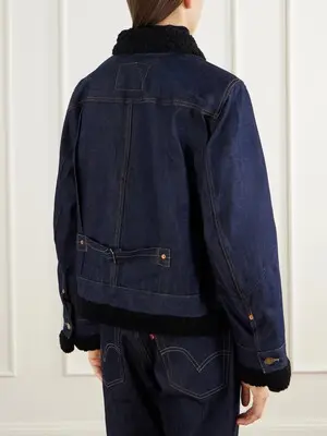 Sacai Plush And Leather-trimmed Denim Jacket
