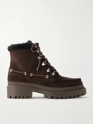 YVES SALOMON Eyelet-detailed Brushed Shearling-trimmed Suede Ankle Boots - Brown