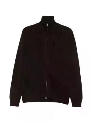 LUIGI GENTILE Ribbed-knit Zip-up Cardigan - Brown