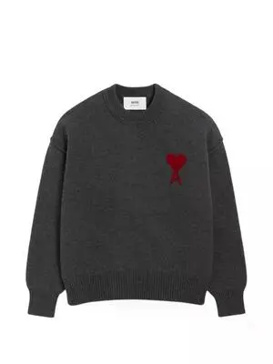 AMI Paris Crewneck Wool Sweater With De Coeur - Grey