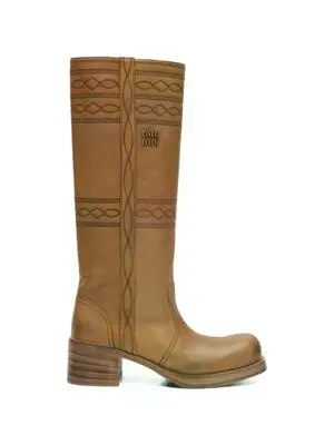 Miu Miu Embroidered Leather Boots - Brown