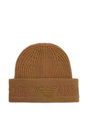 Emporio Armani Logo-embroidered Ribbed-knit Beanie Hat - Brown