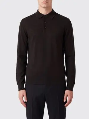 Emporio Armani Long-sleeved Virgin Wool Knit Polo Shirt With Three-button Placket - Brown