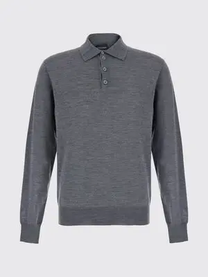 Emporio Armani Long-sleeved Virgin Wool Knit Polo Shirt With Three-button Placket - Grey