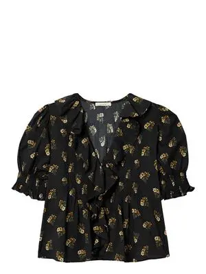DÔEN Henri Ruffled Pintucked Floral-print Top - Black