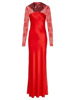 RODARTE Lace-trimmed Silk-blend Satin Gown - Red