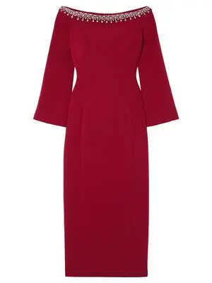Jenny Packham Off-the-shoulder Embellished Cady Midi Dress - Red