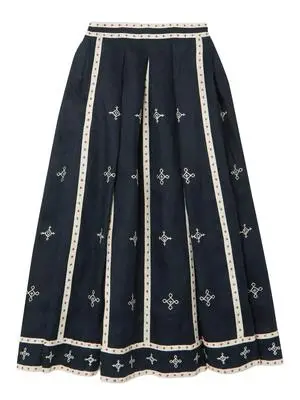 Vita Kin Gera Embroidered Linen Midi Skirt - Blue