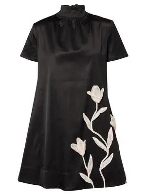 Staud Ilana Floral Appliqué Satin Mini Dress - Black