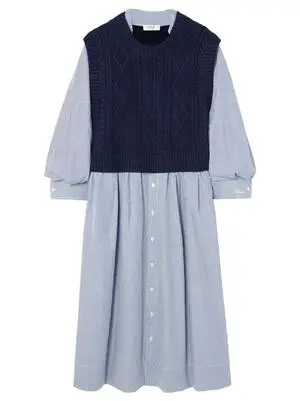 Sea Caleb Cable-knit Merino Wool And Striped Cotton-poplin Midi Dress - Blue