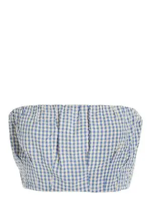 Posse Mira Gingham Cotton Ruched Strapless Crop Top - Blue
