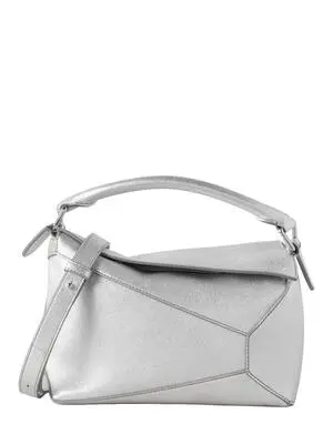 Loewe LOEWE Puzzle Edge Mini Metallic Textured-Leather Shoulder Bag Silver
