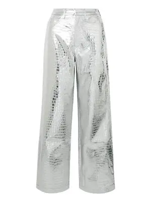 ROTATE BY BIRGER CHRISTENSEN Metallic Croc-effect Wide-leg Trousers - Silver