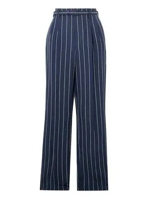 Ralph Lauren Stamford Belted Pinstriped Linen And Cotton-blend Straight-leg Trousers - Blue