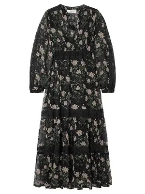Sea Elizabeth Tiered Floral Lace-trimmed Crepon Midi Dress - Black