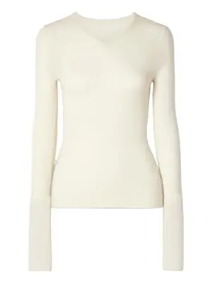 Khaite Tania Ribbed V-neck Wool-blend Top - Neutrals