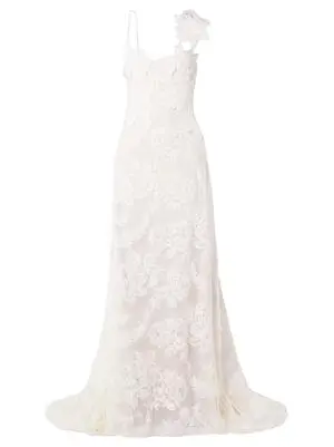 DANIELLE FRANKEL Edie Appliquéd Silk Chiffon-trimmed Cotton-blend Corded Lace Gown - Neutrals