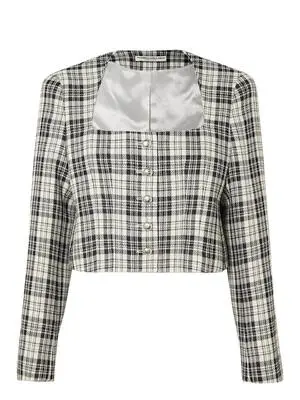 Alessandra Rich Cropped Prince Of Wales Checked Wool Jacket - Gray