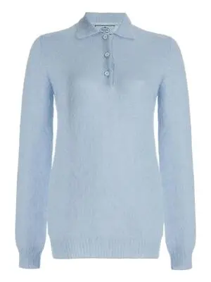 Prada Mohair-Blend Knit Polo Top Blue