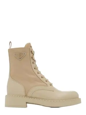 Prada Re-nylon And Leather Lace-up Combat Boots - Neutral