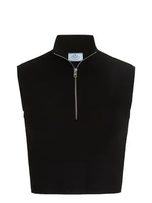 Prada Logo Detailed Ribbed Jersey Half-zip Turtleneck Crop Top - Black