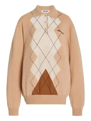 Miu Miu Oversized Argyle Cashmere Polo Sweater - Brown