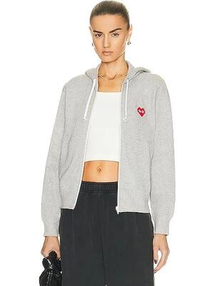 Play Comme Des Garcon Zip-up Hooded Sweatshirt With Embroidered Logo - Grey