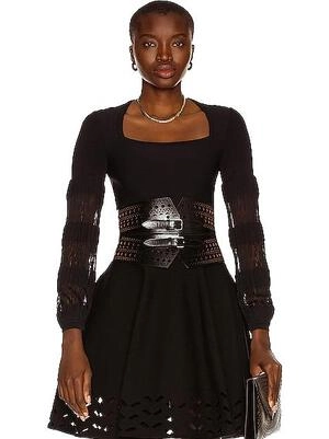 Alaïa Square Open Neck Fitted Bodysuit With Lace Detail - Noir