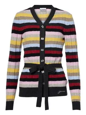 GANNI Striped Cable-knit Wool-blend Cardigan - Multicoloured