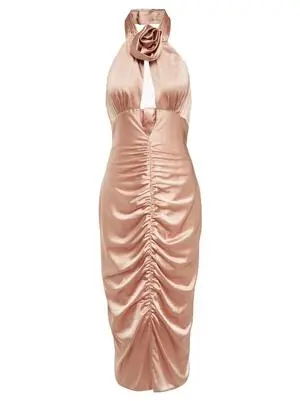 Alessandra Rich Ruched Cutout Satin Midi Dress - Pink