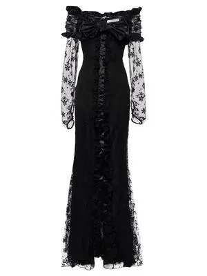 Alessandra Rich Lace Off-shoulder Gown With Bow Detail - Black