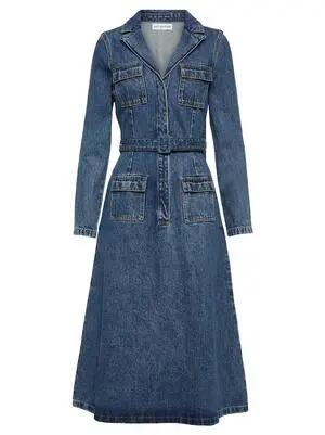 SELF-PORTRAIT Belted Denim Midi Dress - Blue