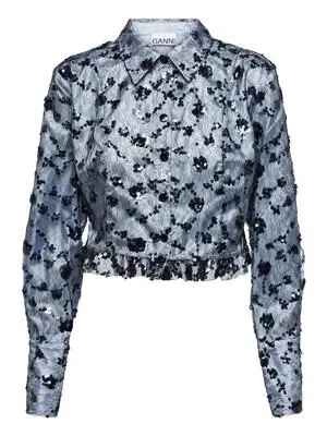 GANNI Sequined Lace Cropped Shirt - Blue