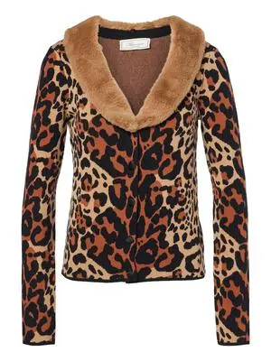 Blumarine Leopard-print Jacquard Cardigan With Faux Shearling Trim - Multicoloured