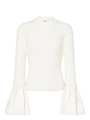 Simkhai Agata Ribbed-knit Top With Taffeta Sleeves - White
